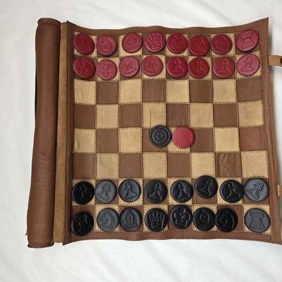 Games | Vintage Travel Leather Chess And Checkers Set Roll Up Game ...